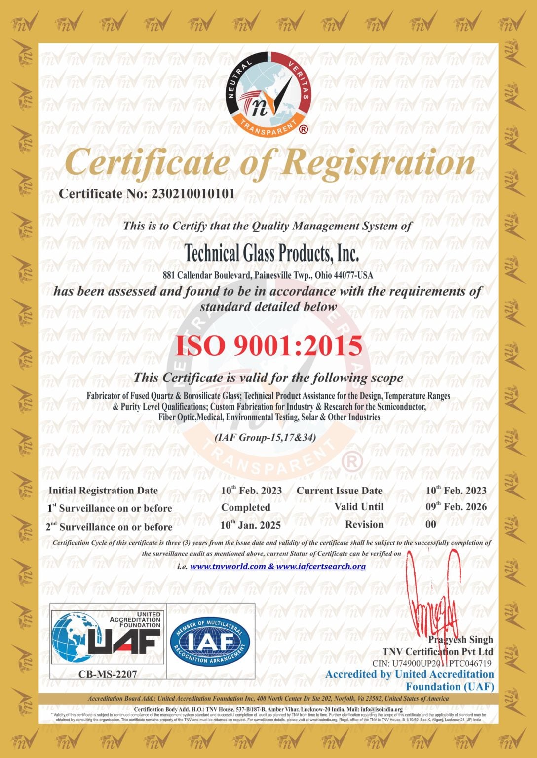 Technical Glass Products - Quality Certifications